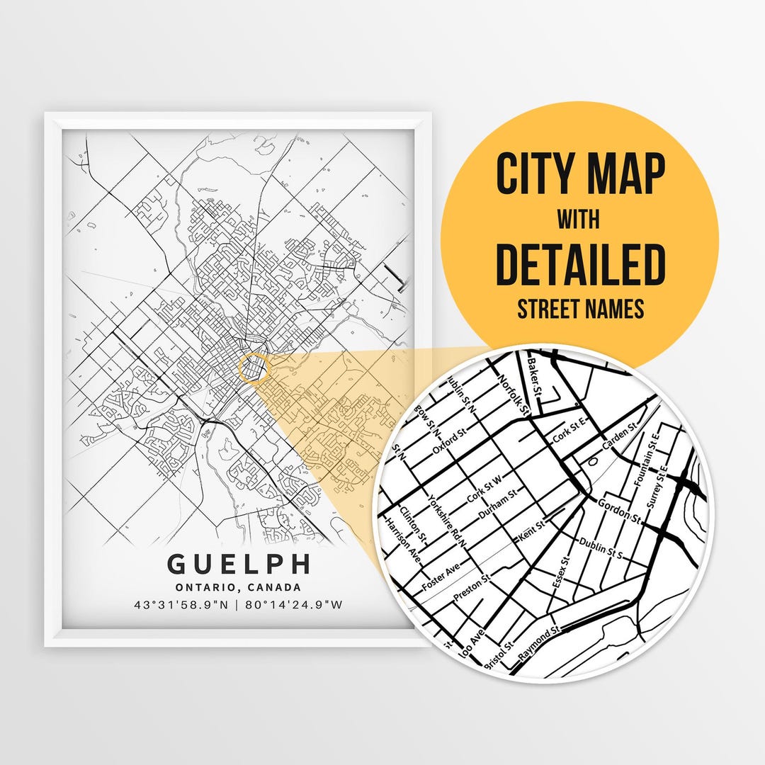 Printable Map of Guelph, Ontario, Canada With Street Names - Instant ...