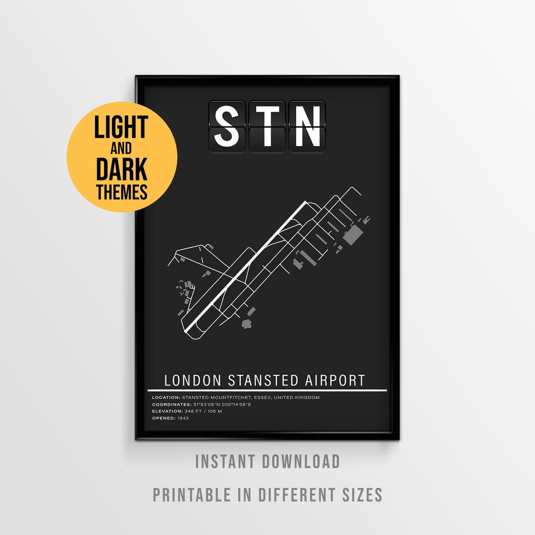 London Stansted Airport Poster, STN Airport Runway Map, England ...