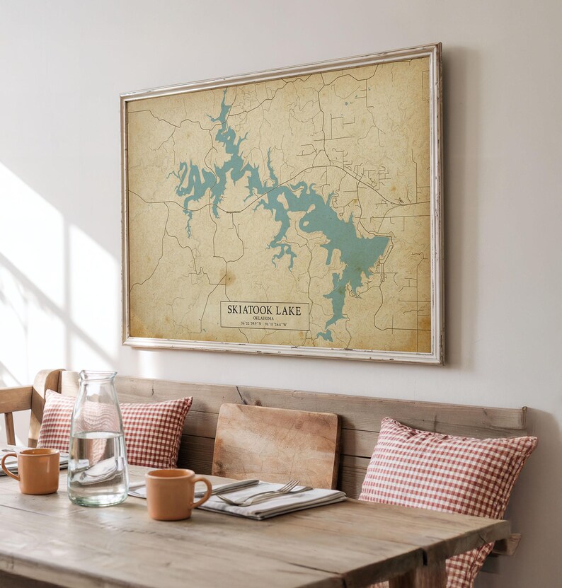 Skiatook Lake Vintage Style Map, Printable Oklahoma Lake House Poster ...