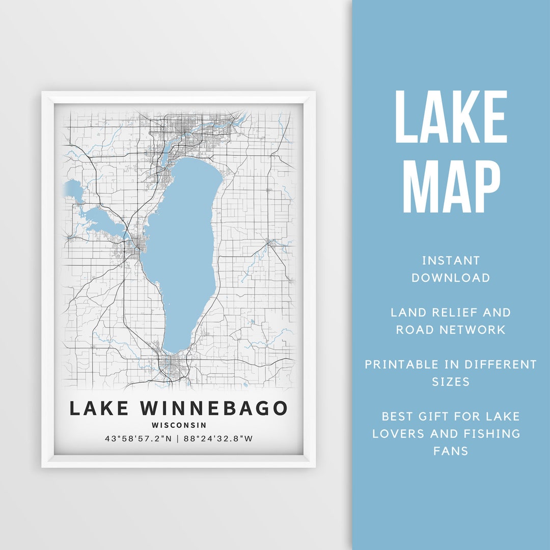 Printable Map of Lake Winnebago, Wisconsin, US - Instant Download ...