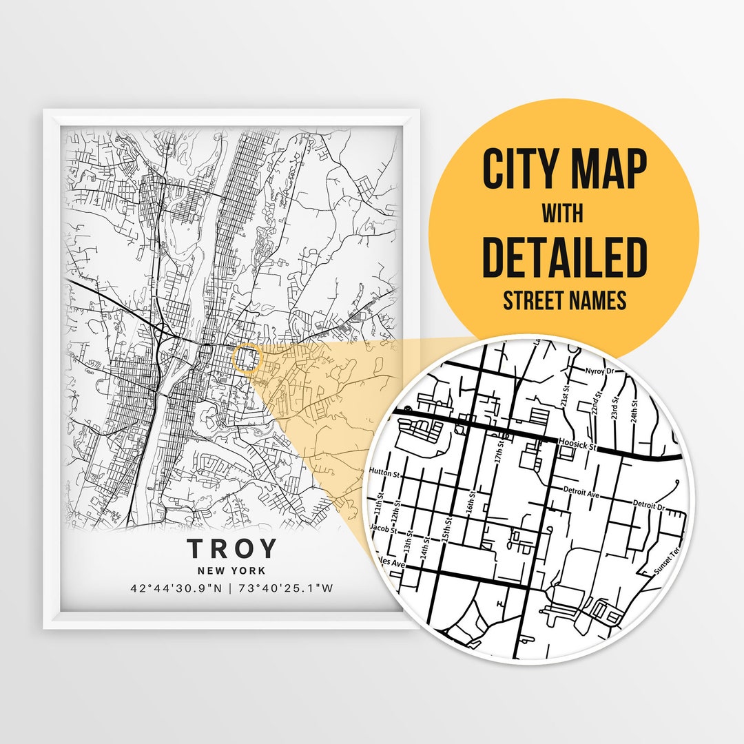 Printable Map of Troy, New York, USA With Street Names - Instant ...