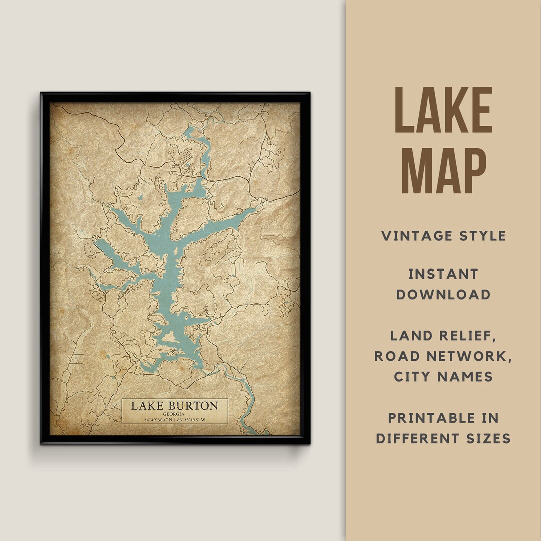 Vintage Style Map of Lake Burton, Georgia, USA With City Names Instant ...