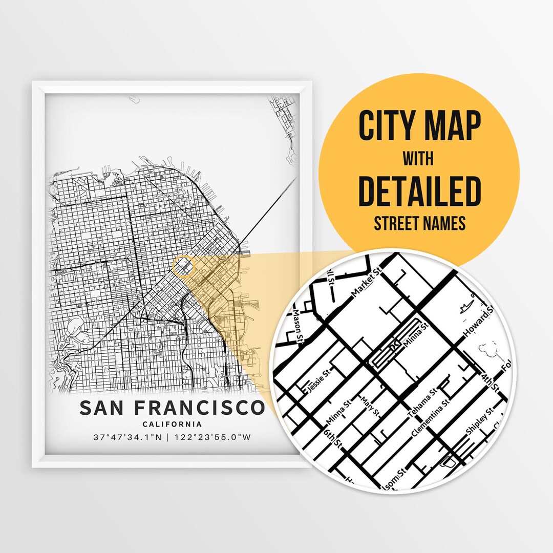 Printable Map of Downtown San Francisco, California, USA With Street ...