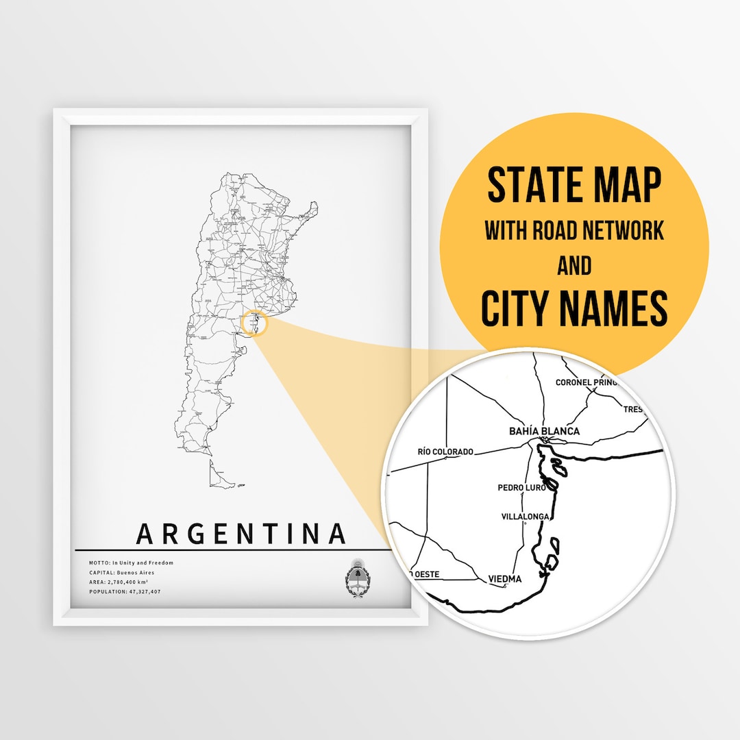 Printable Map of Argentina With City Names and Roads - Instant Download ...