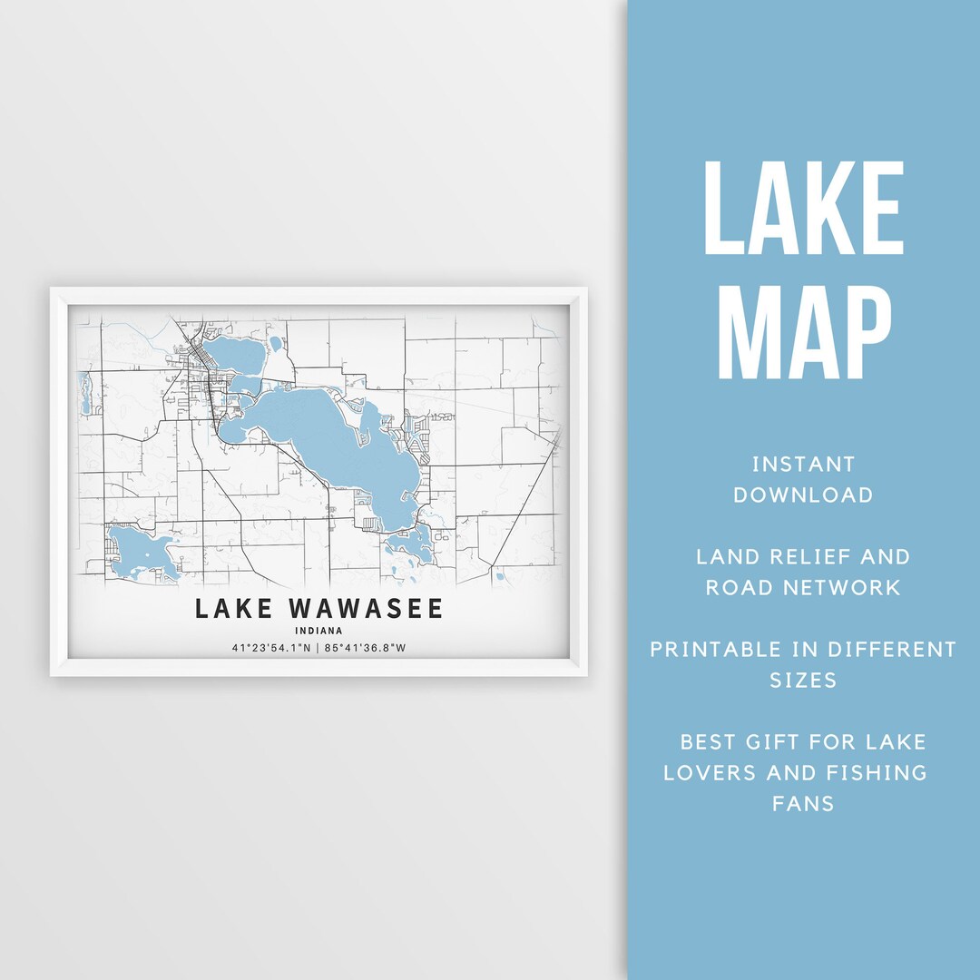 Printable Map of Lake Wawasee, Indiana, US - Instant Download \ Lake ...