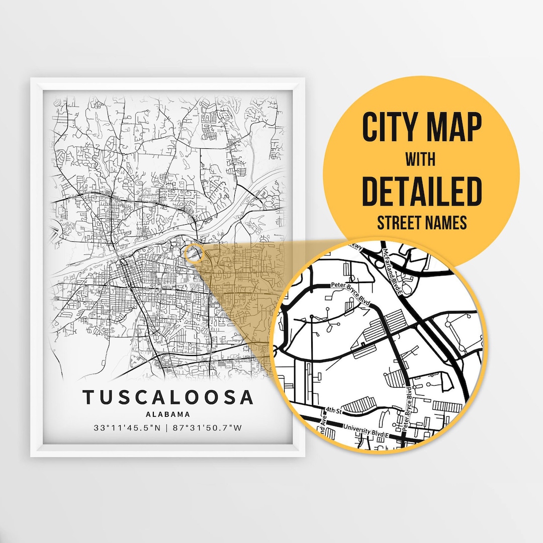 Printable Map of Tuscaloosa, Alabama, USA With Street Names - Instant ...