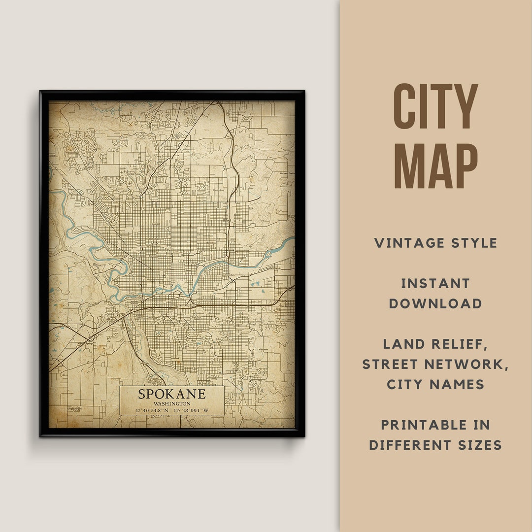 Printable Vintage Style Map of Spokane, Washington, USA - Instant ...