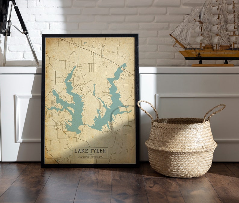Lake Tyler Vintage Style Map, Printable Texas Lake House Poster ...