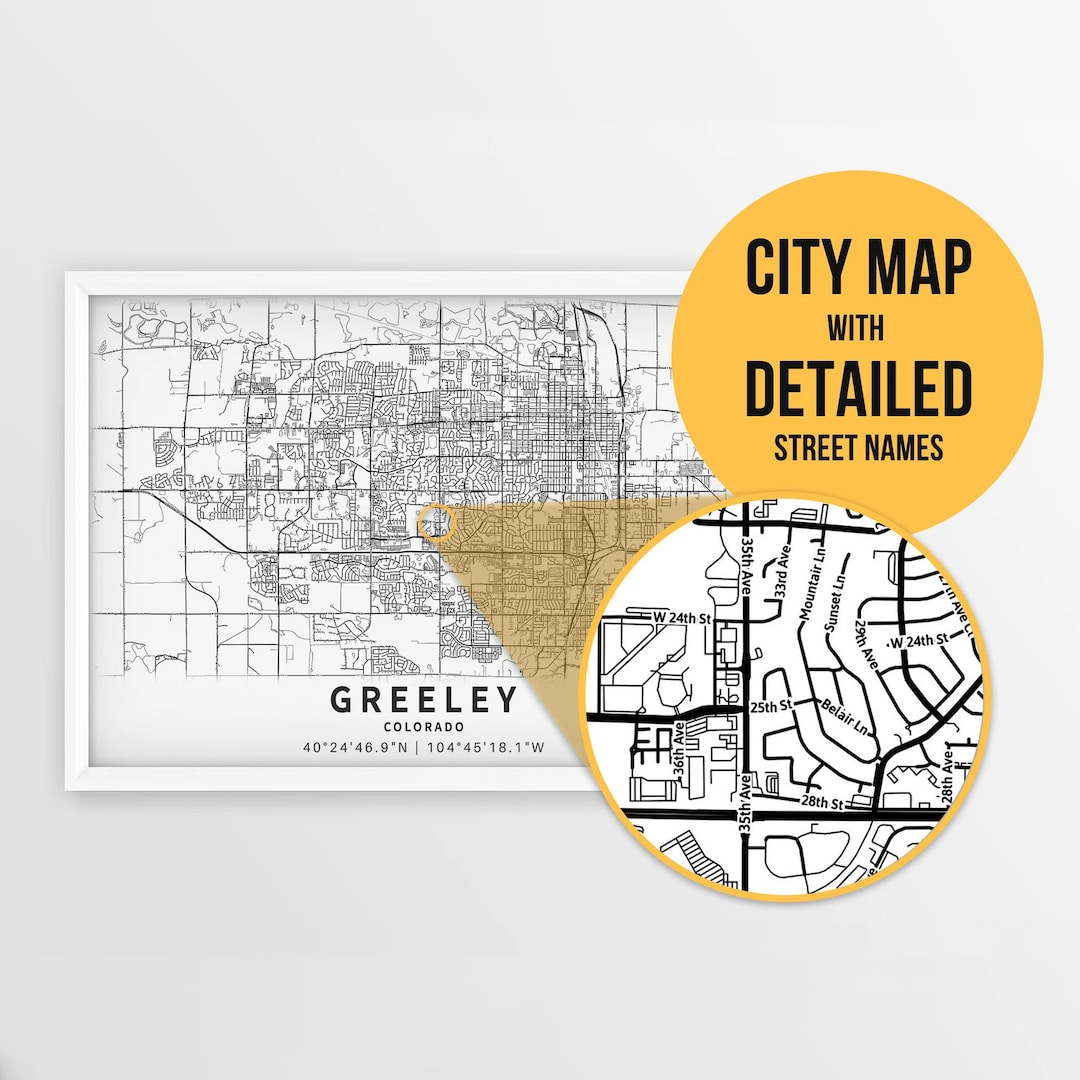 Mapa imprimible de Greeley, Colorado, EE. UU. con nombres de calles ...