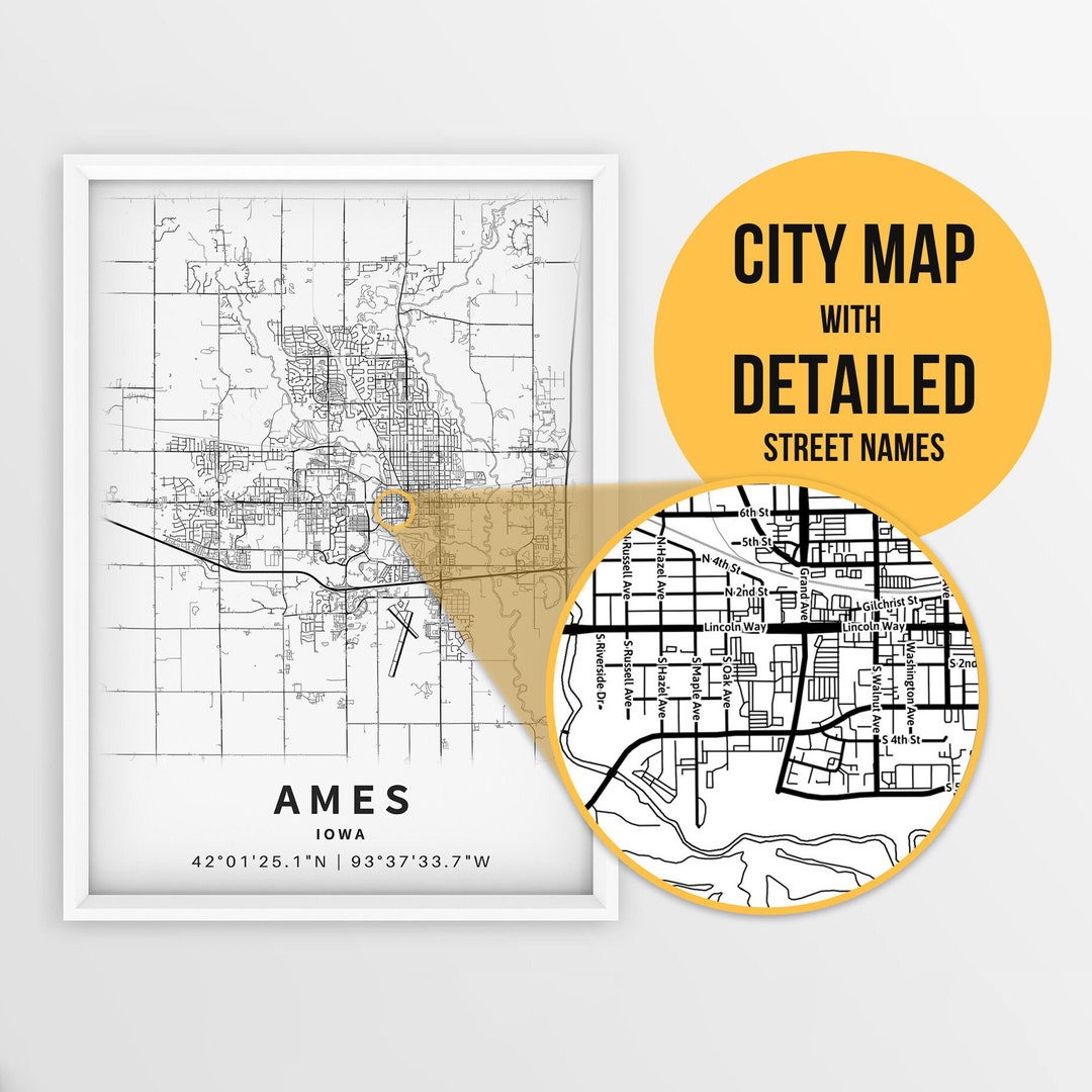 Printable Map of Ames, Iowa, USA With Street Names - Instant Download ...