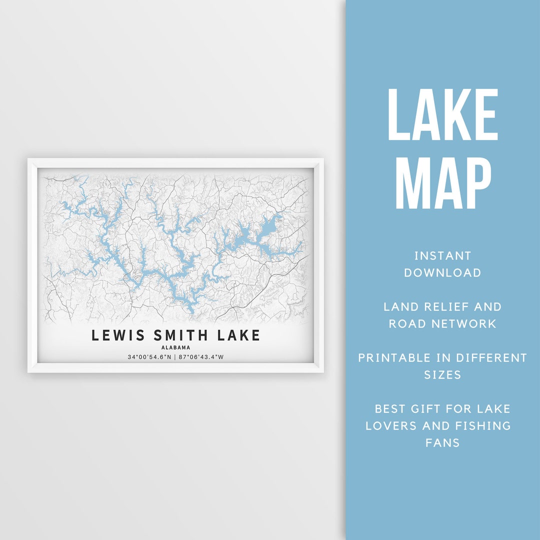 Printable Map of Lewis Smith Lake, Alabama, US - Instant Download ...