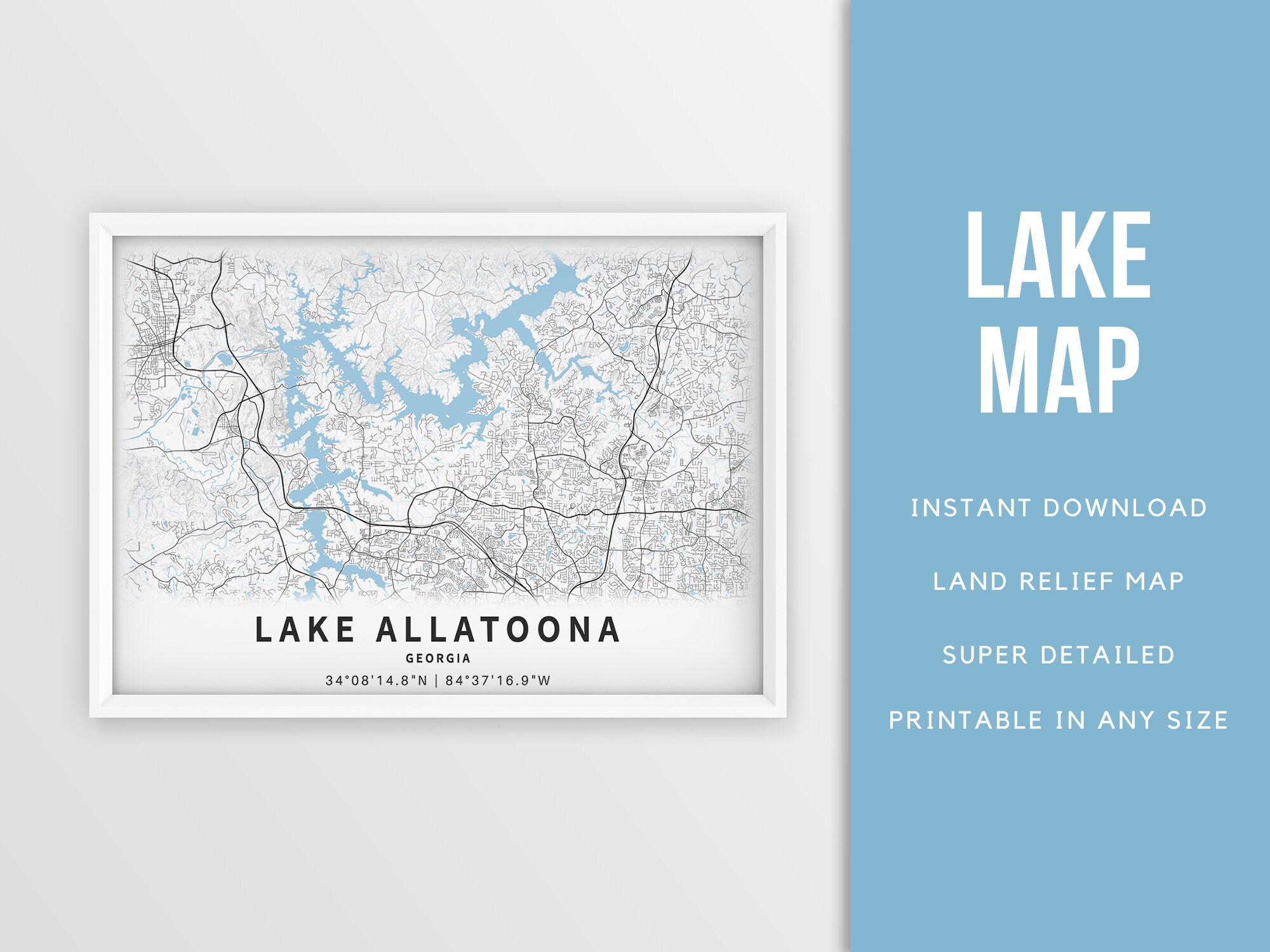 Printable Map of Lake Allatoona Etowah River Georgia United | Etsy