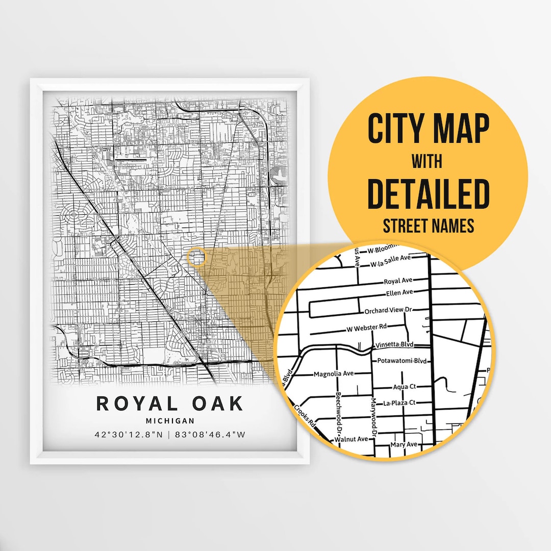Printable Map of Royal Oak, Michigan, USA With Street Names - Instant ...