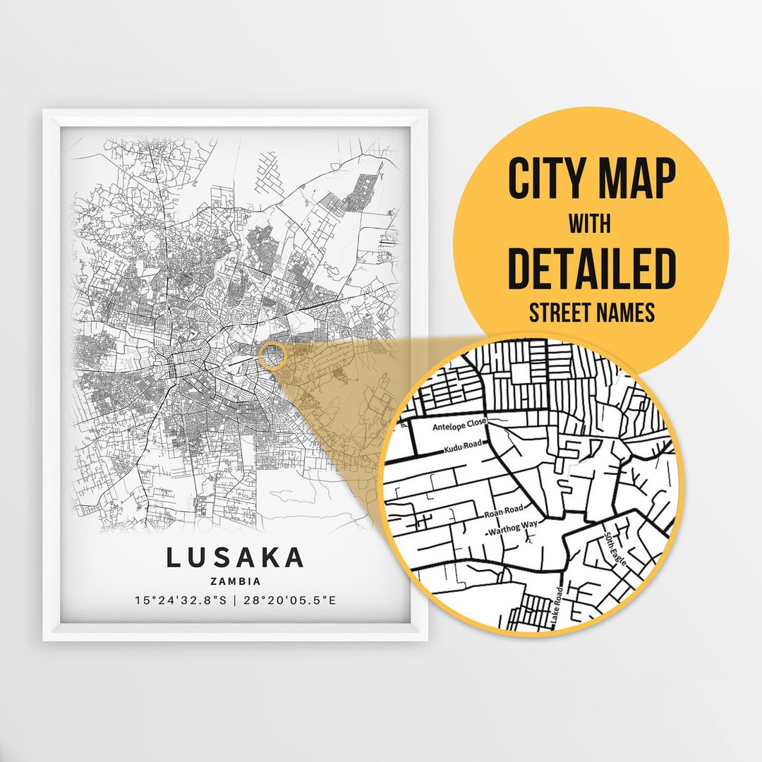 Printable Map of Lusaka, Zambia With Street Names - Instant Download ...