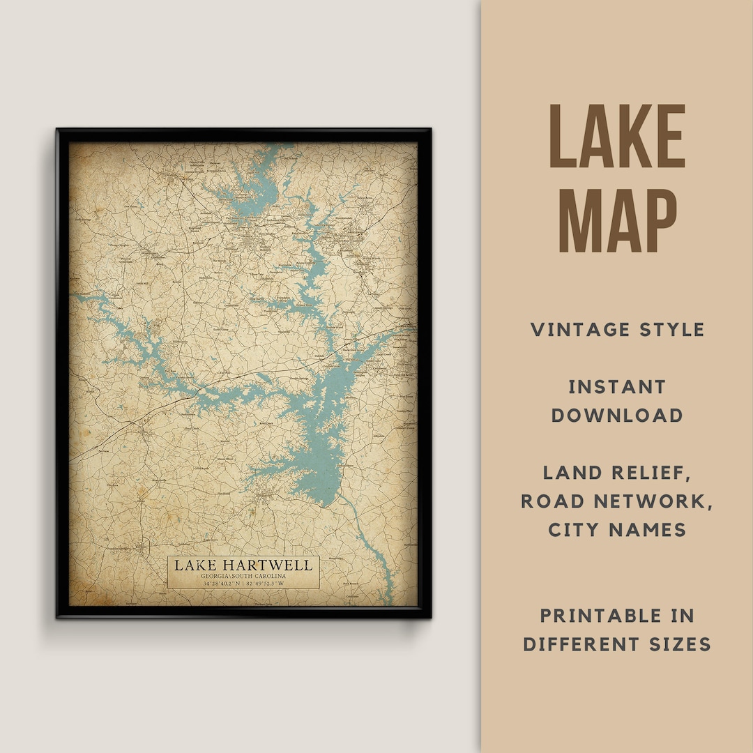 Vintage Style Map of Lake Hartwell, Georgia and South Carolina, USA ...