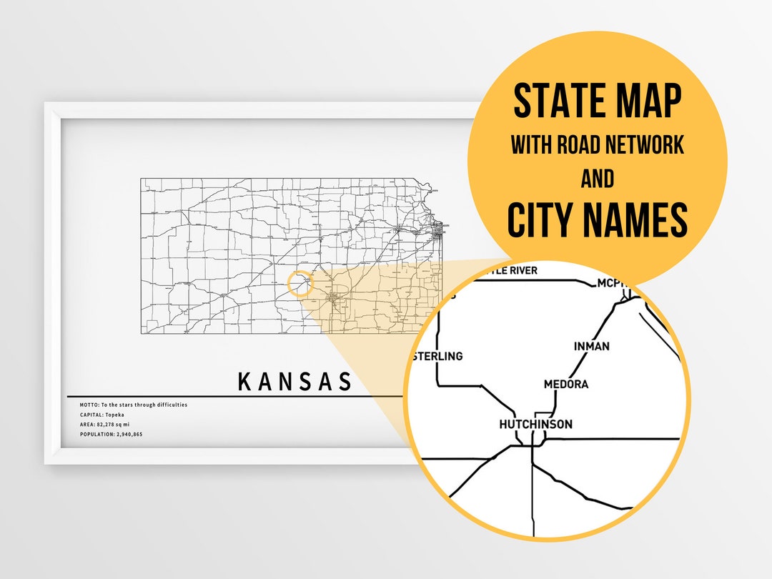Printable Map of Kansas United States With City Names - Etsy