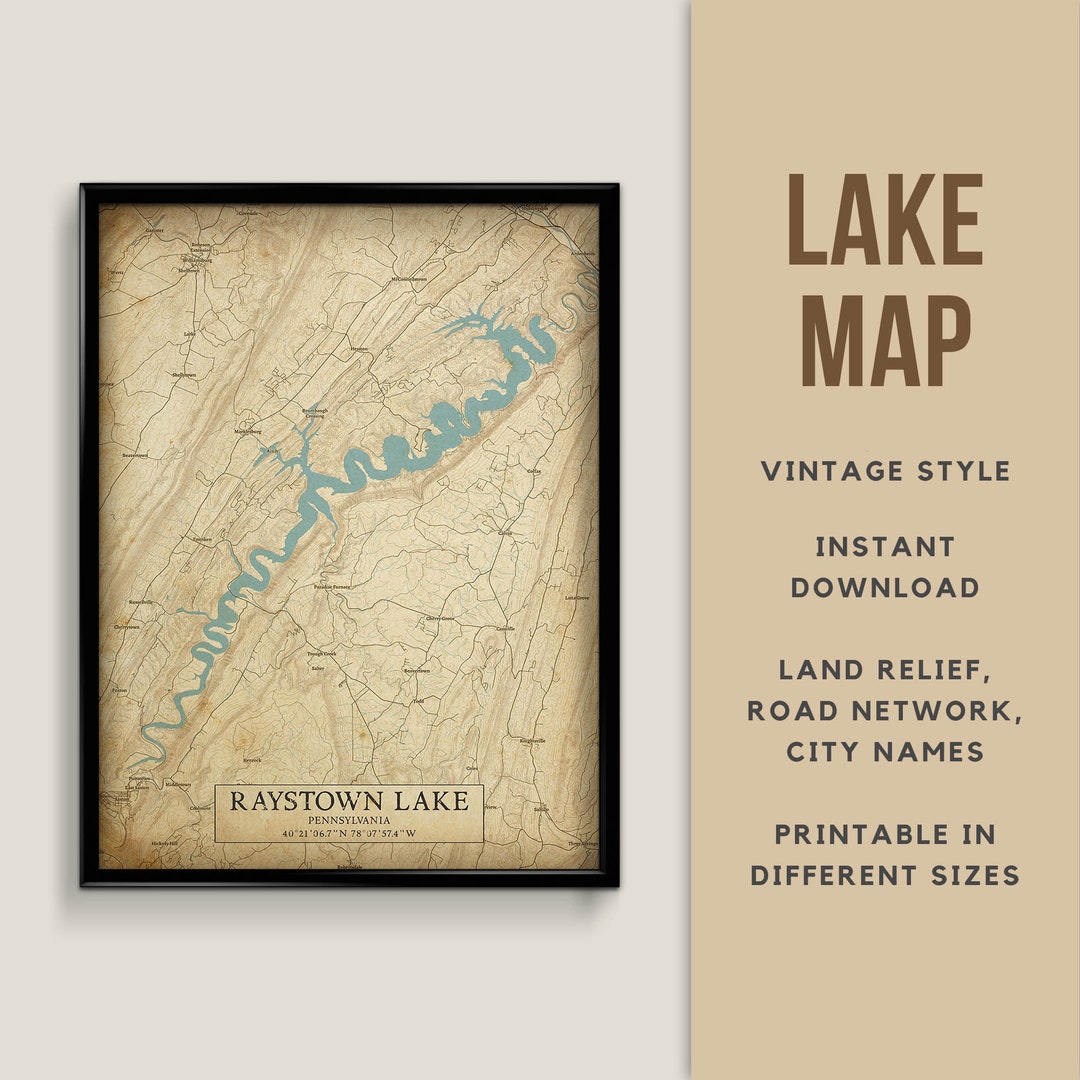 Vintage Style Map Of Raystown Lake Pennsylvania Usa With City Names Instant Download Lake