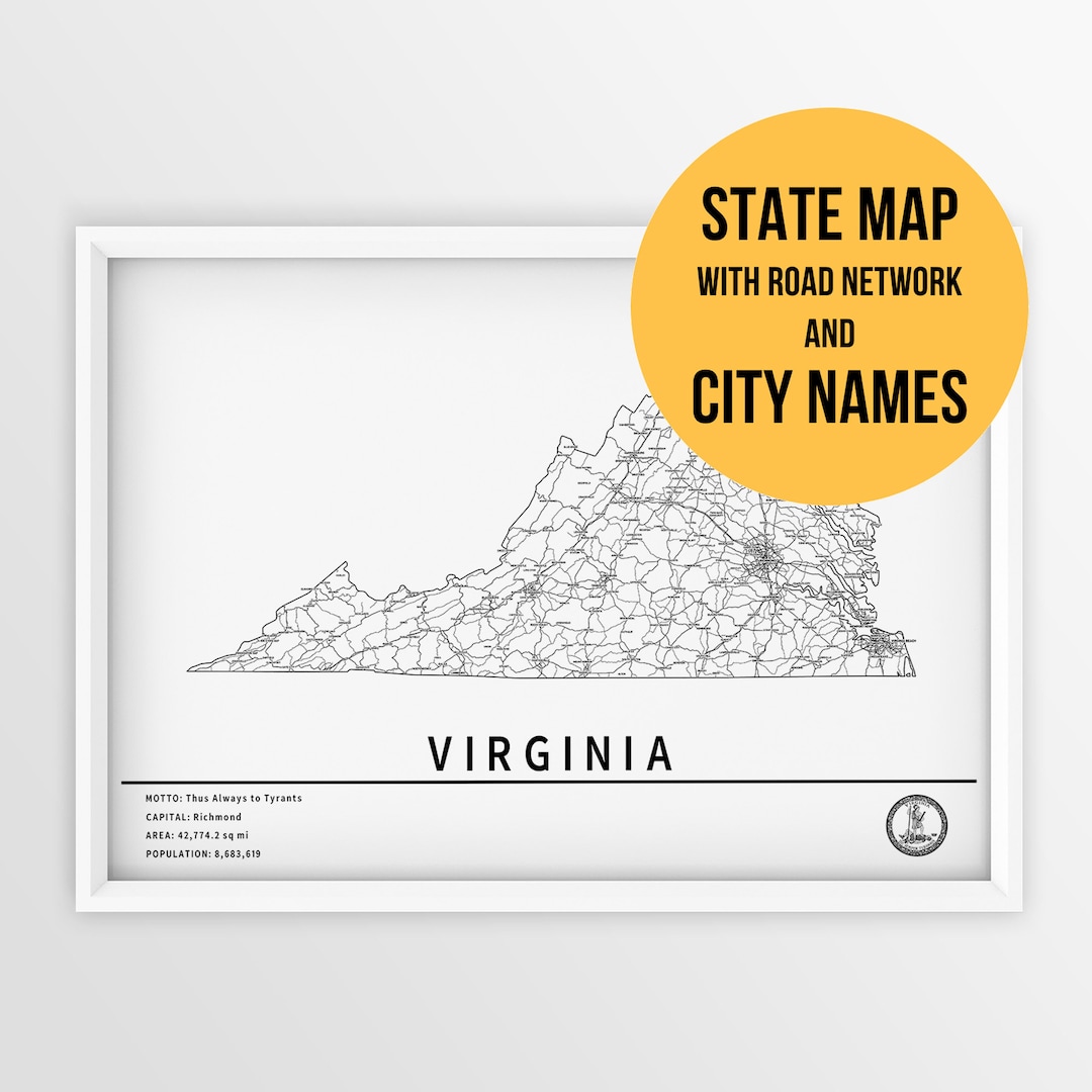 Printable Map of Virginia, United States With City Names and Roads ...