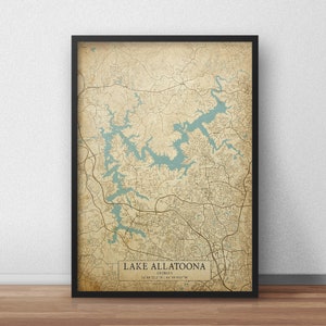 Vintage Style Map of Lake Allatoona, Georgia, USA With City Names ...