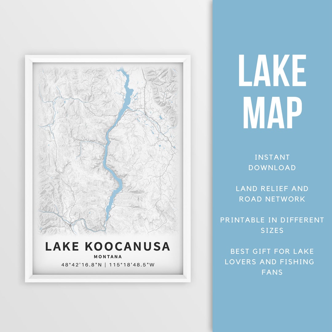 Printable Map of Lake Koocanusa, Montana, US - Instant Download \ Lake ...