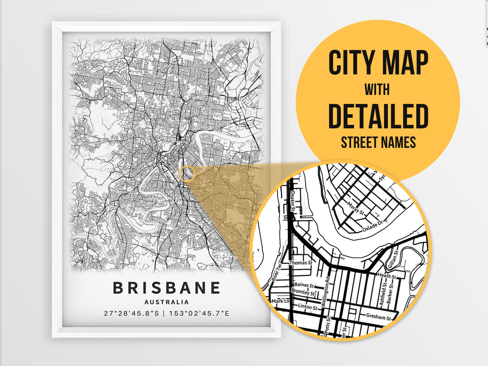 Druckbare Karte von Brisbane Australien mit Straßennamen - Etsy.de