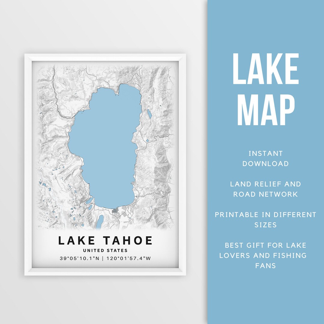Printable Map of Lake Tahoe, California, US Instant Download Lake Map ...