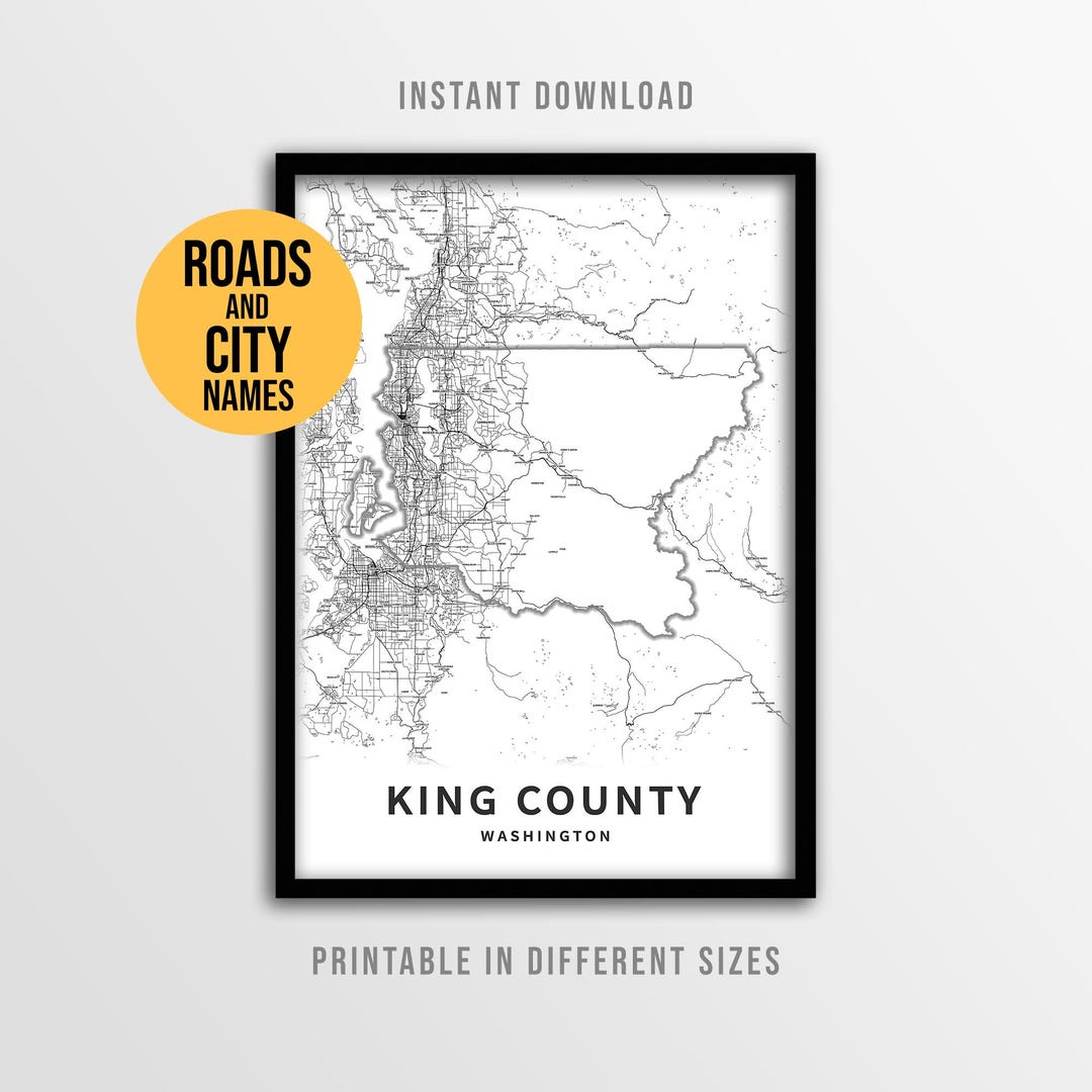 King County Map Poster, Printable Washington Road Map With City Names ...