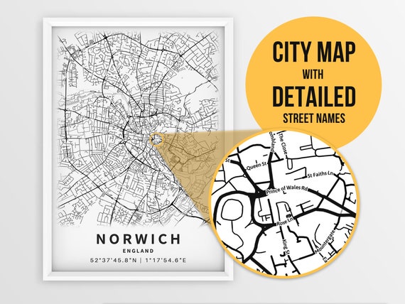 Printable Map of Norwich England United Kingdom with Street | Etsy