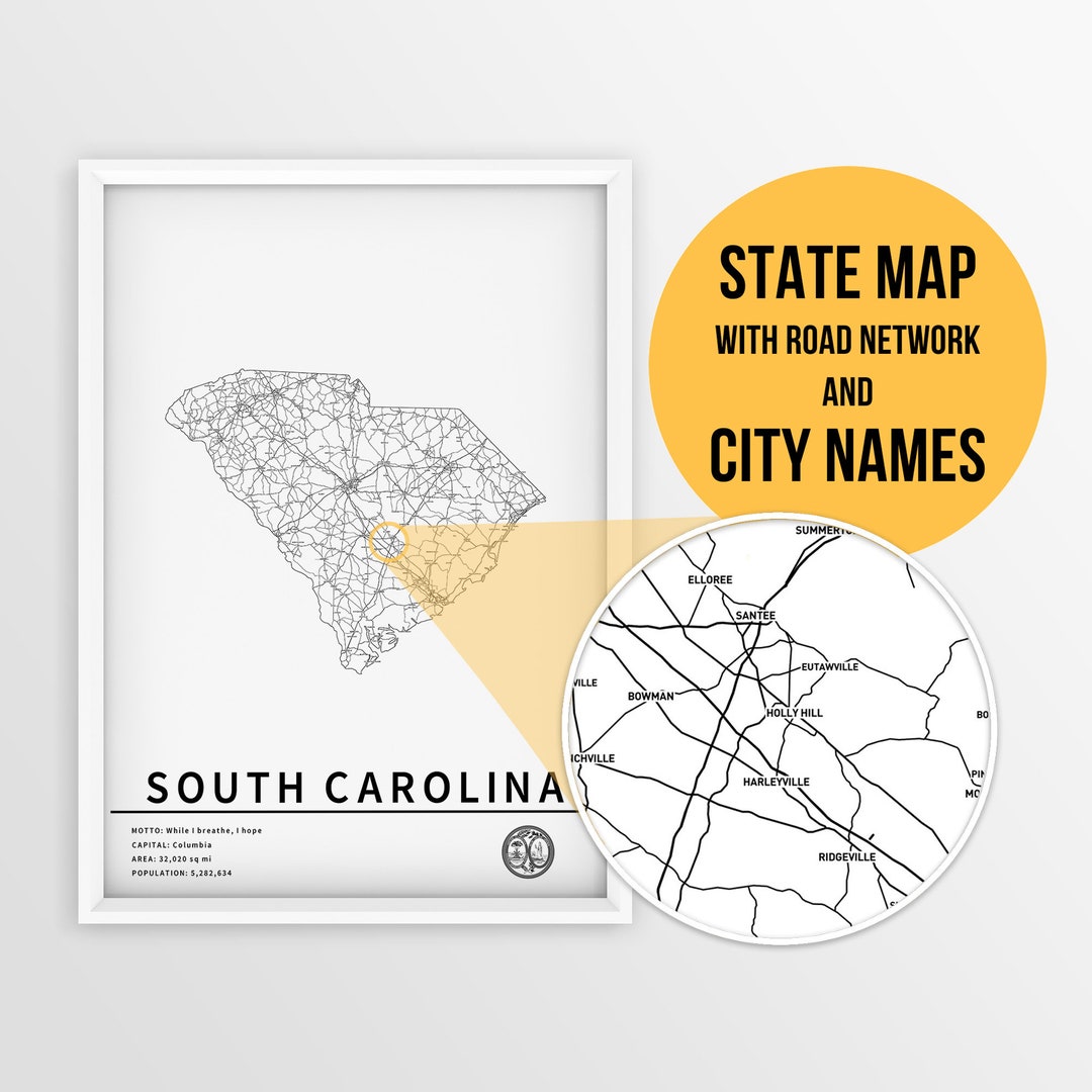 Printable Map of South Carolina With City Names and Roads - Instant ...