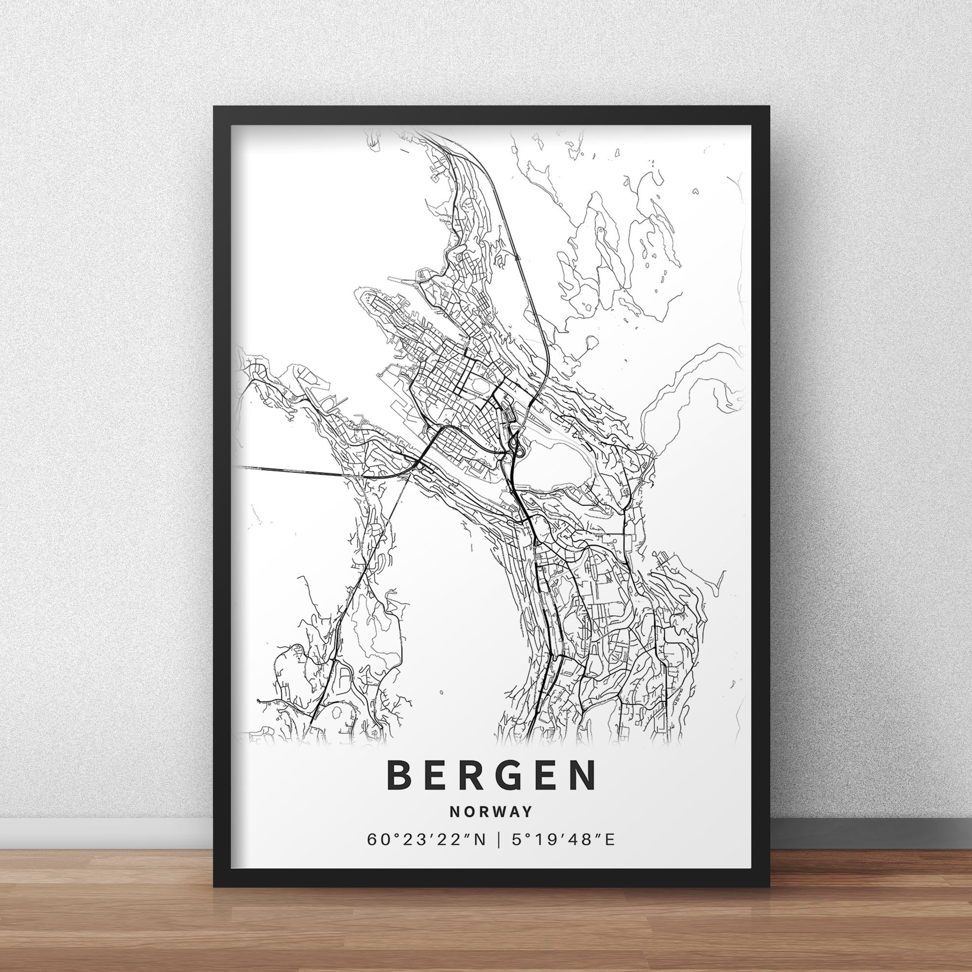 Bergen Norway Map With Street Names, Printable Bergen City Poster ...