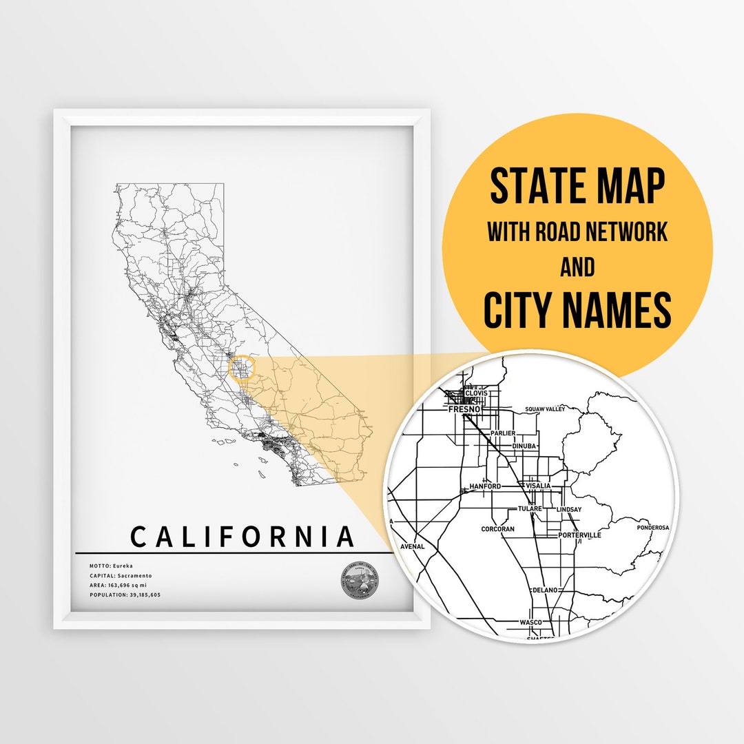 Printable Map of California With City Names and Roads Instant Download ...