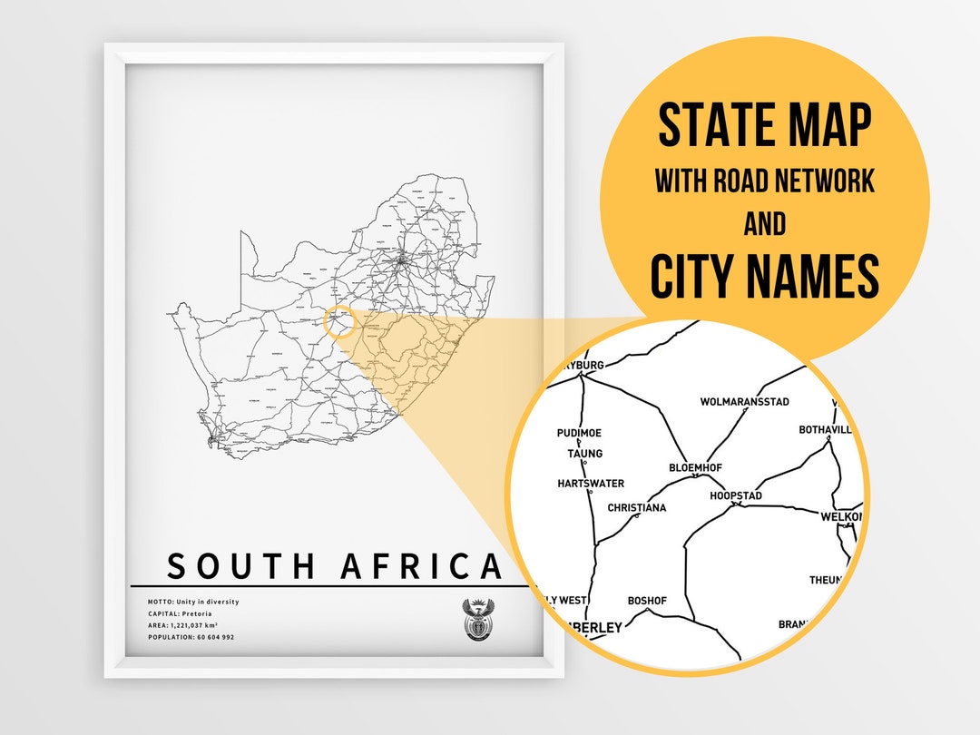 Printable Map of South Africa With City Names Instant Download Country ...