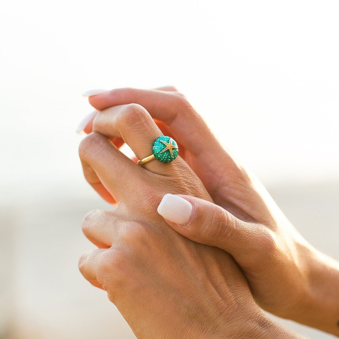 Urchin Sea Shell Ring, Gold & Blue Enamel Beach Jewelry for All Year ...