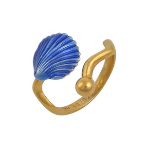 Blue Ocean Shell Ring, Gold & Blue Enamel Style, Beach Jewelry for All ...