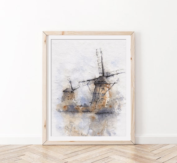Dutch Windmills Watercolor Art Print Netherlands Watercolor | Etsy