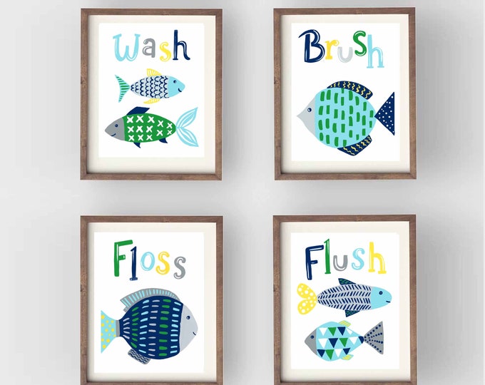 Kids Bathroom Decor, Fish Bath Rules Art Prints for Boy Girl Bathroom ...