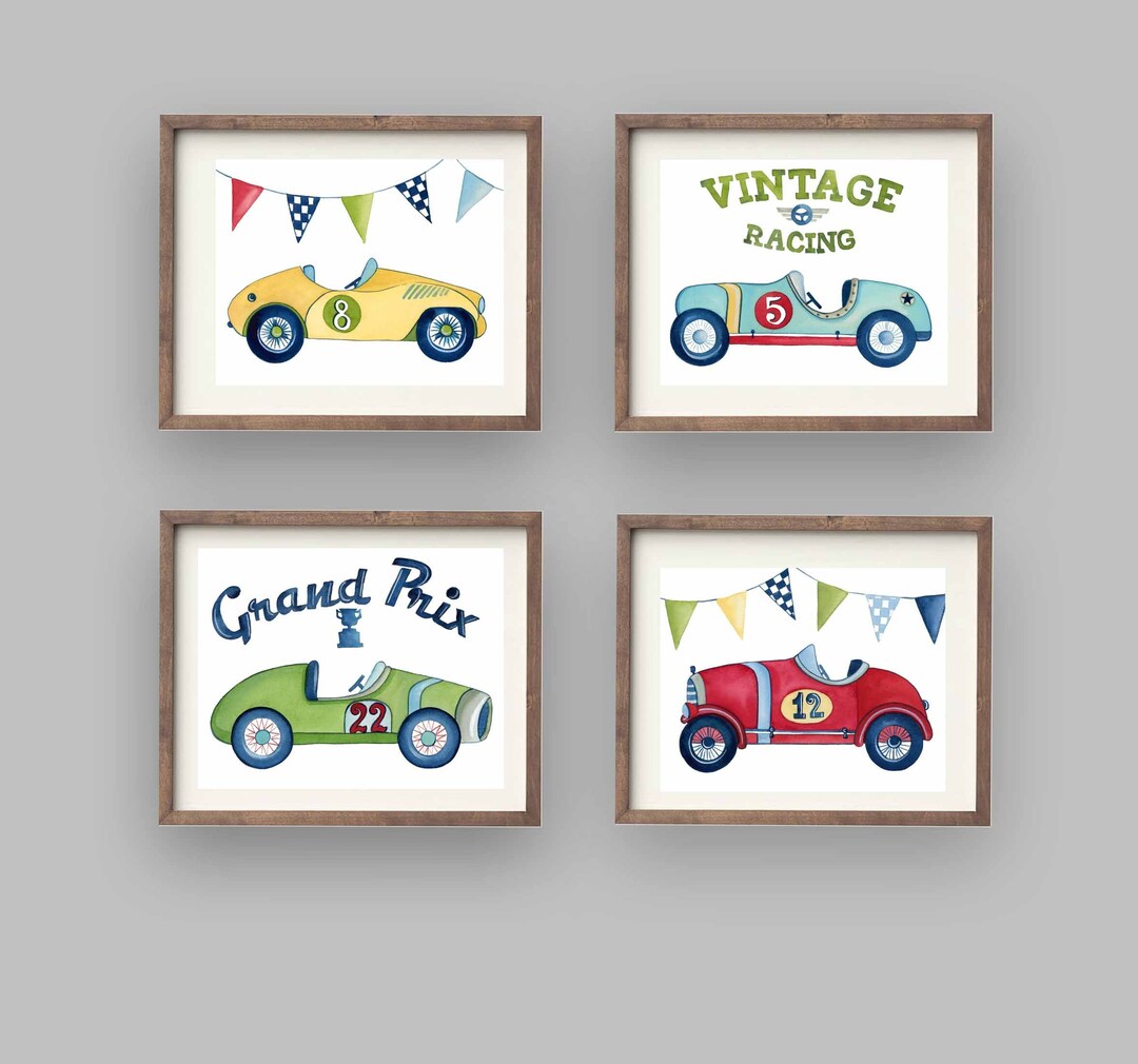 Race Car Wall Art Decor, Vintage Racing Prints for Boy Nursery Bedroom ...