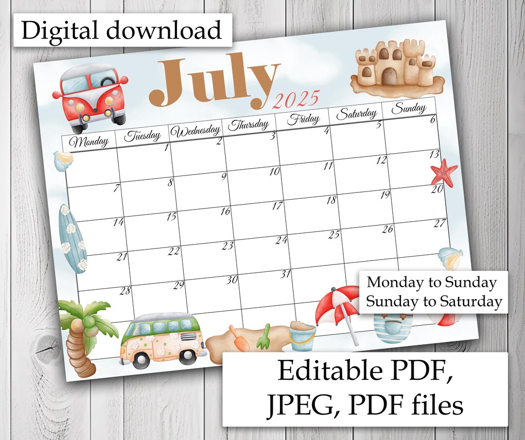 EDITABLE July 2025 Calendar, Summer Calendar, Sea Calendar, July ...