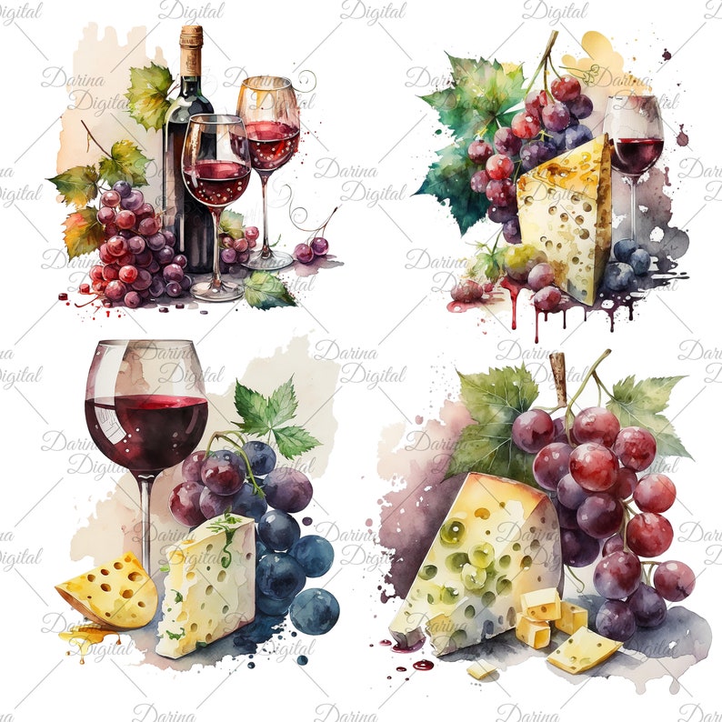 Watercolor Wine Clipart Wine and Cheese Clipart Wine - Etsy