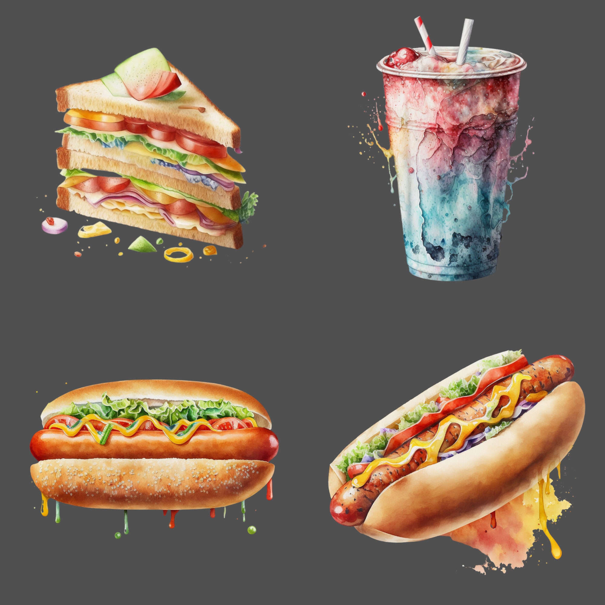Fast Food Clipart, Watercolor Fast Food Illustration, Hamburger ...