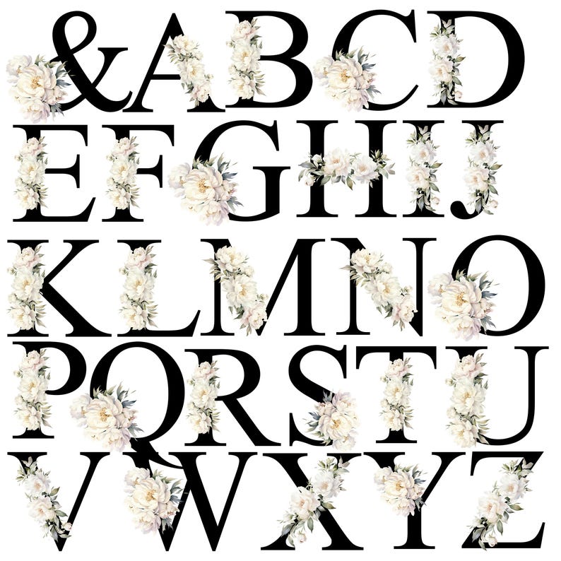 Floral Alphabet Clipart, White Flowers Alphabet, Alphabet PNG, Monogram ...