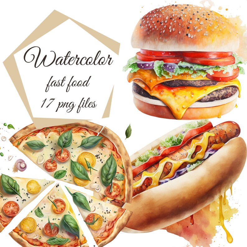 Fast Food Clipart, Watercolor Fast Food Illustration, Hamburger ...
