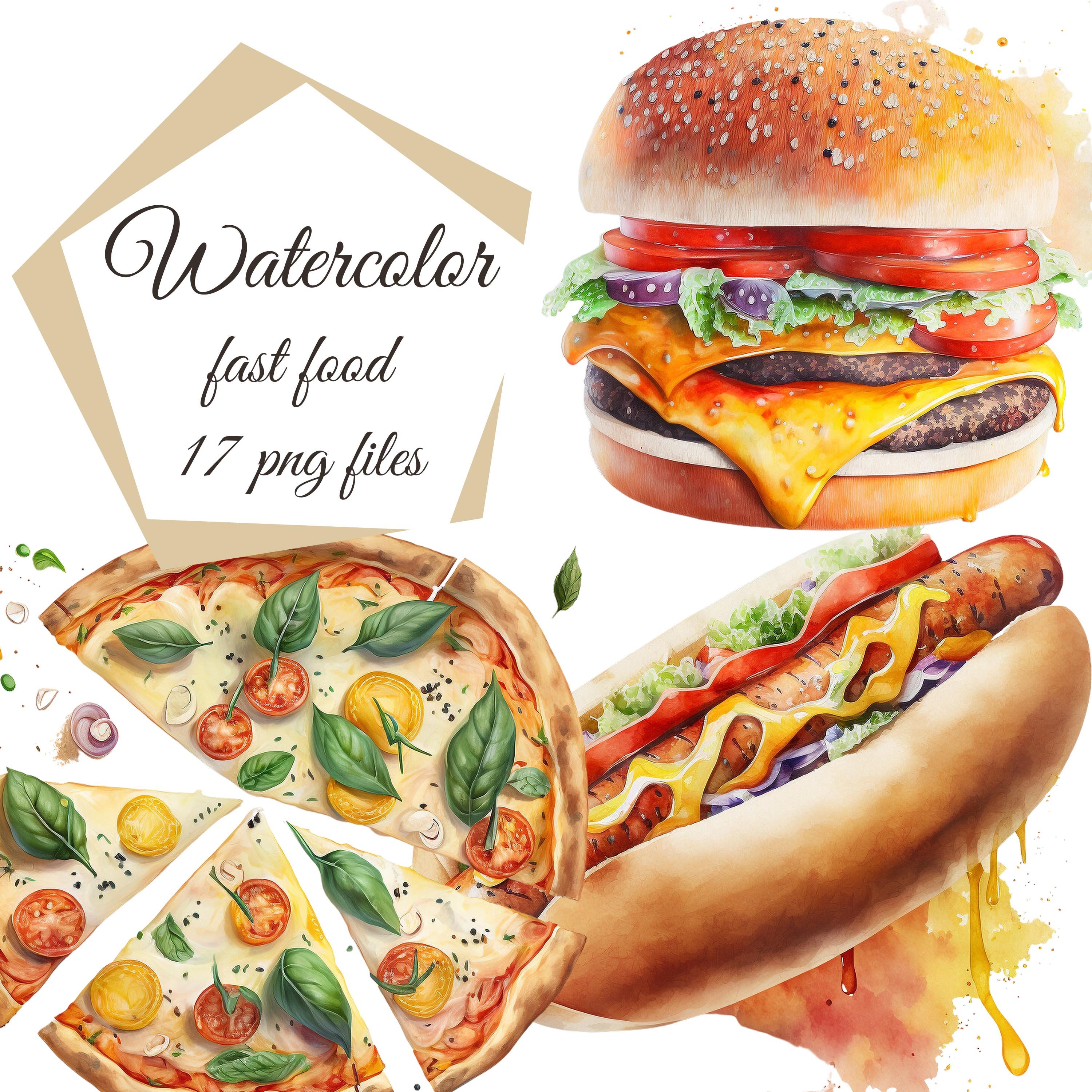 Fast Food Clipart, Watercolor Fast Food Illustration, Hamburger ...