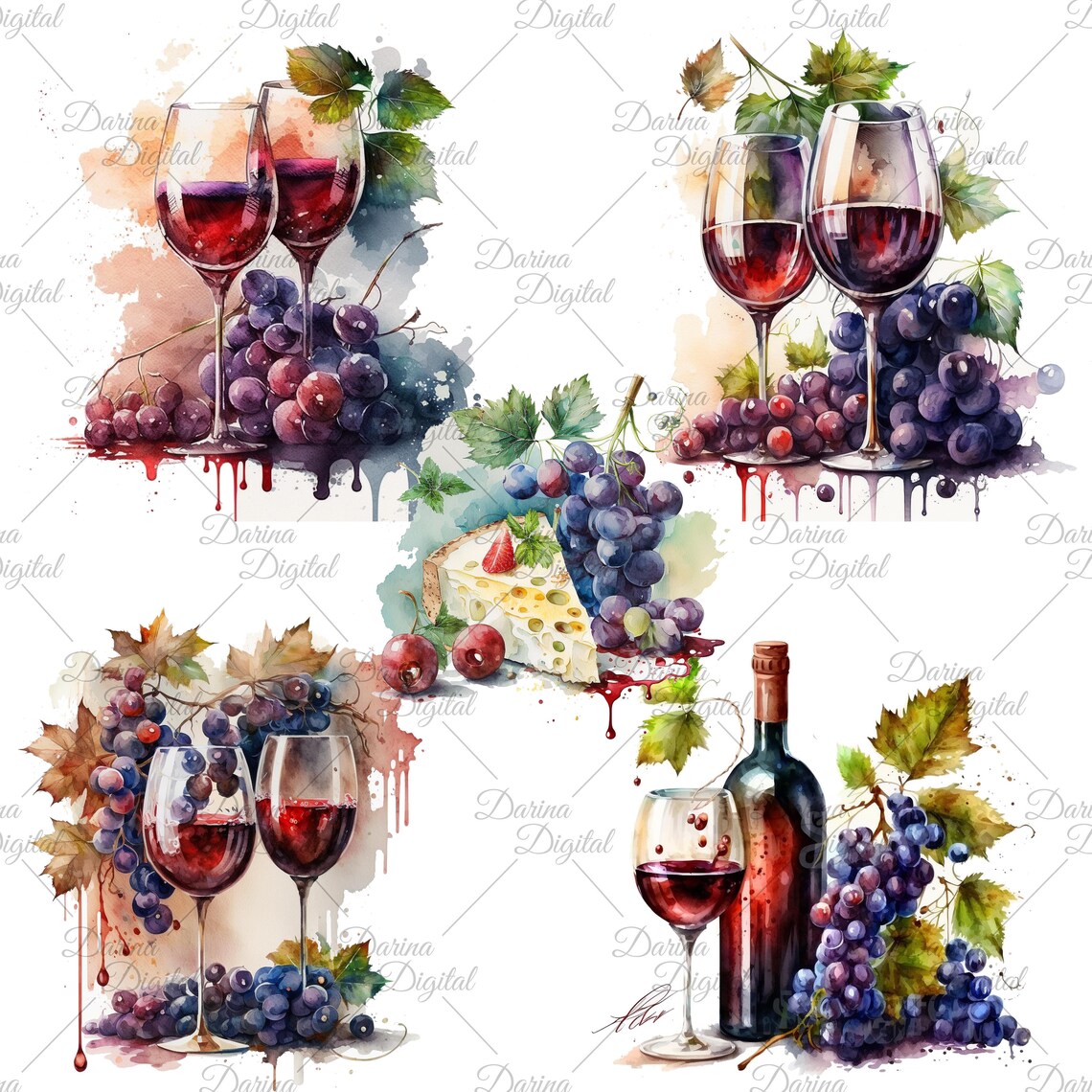Watercolor Wine Clipart Wine and Cheese Clipart Wine - Etsy