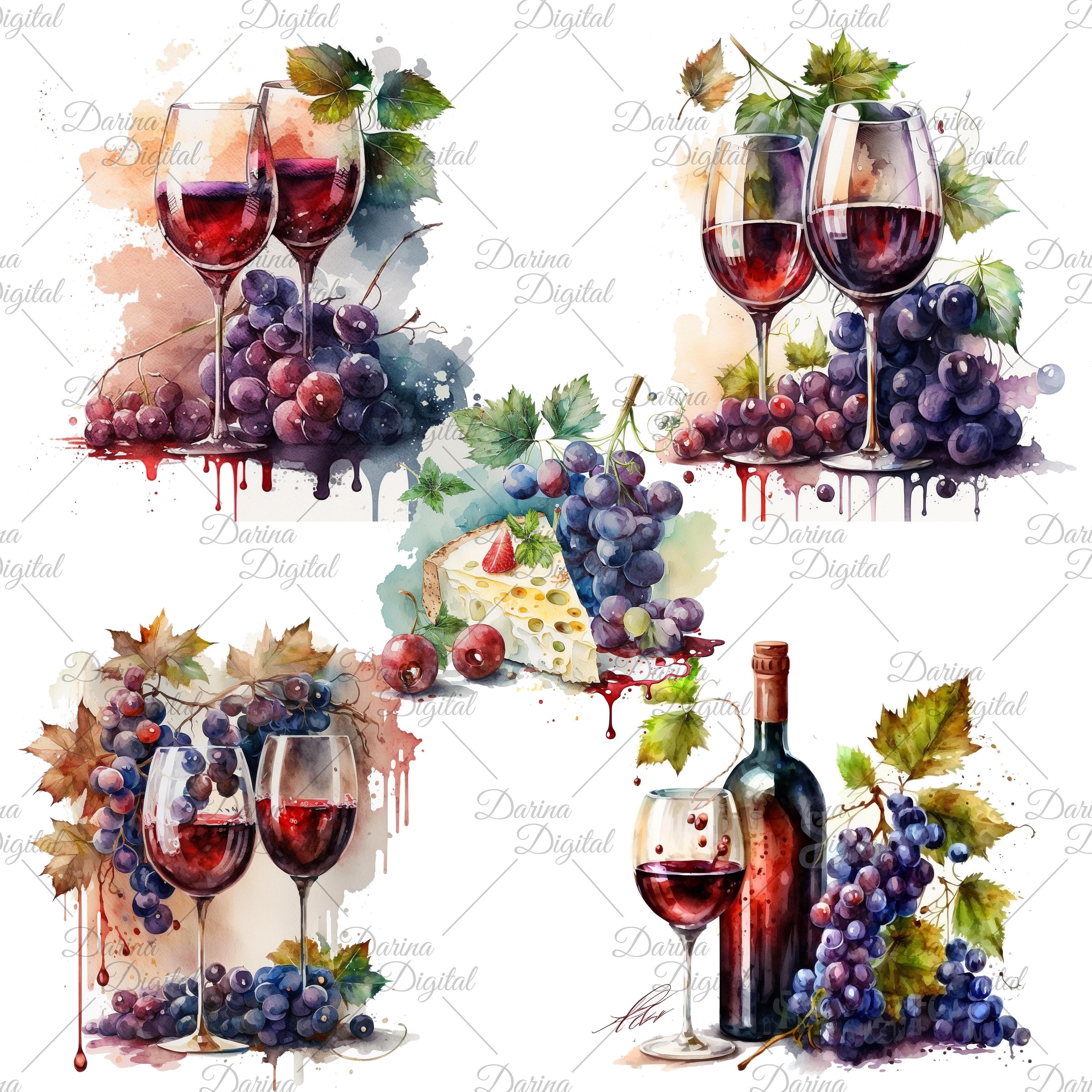 Watercolor Wine Clipart Wine and Cheese Clipart Wine - Etsy