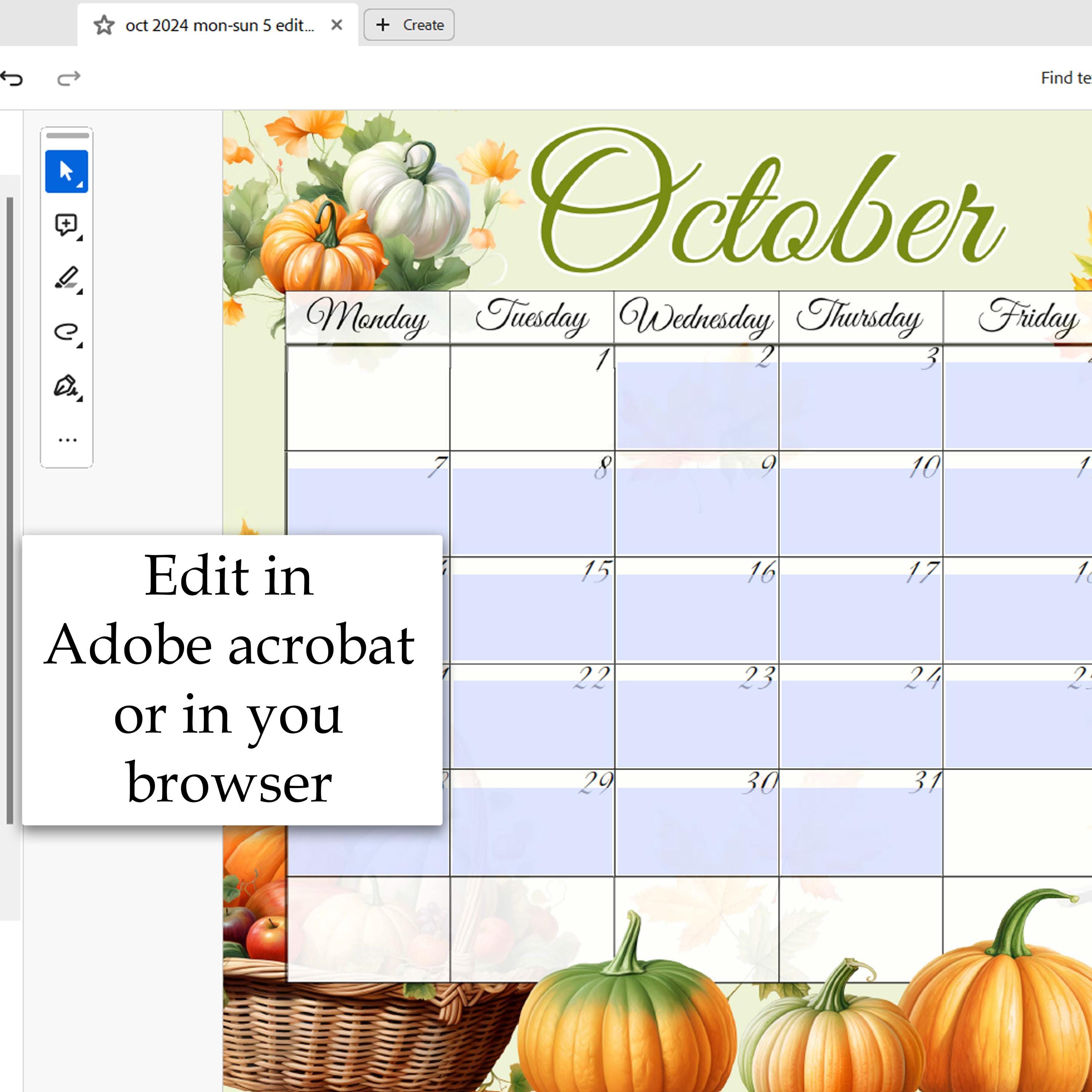 EDITABLE October 2024 Calendar, Pumpkin Calendar, Fillable Calendar ...