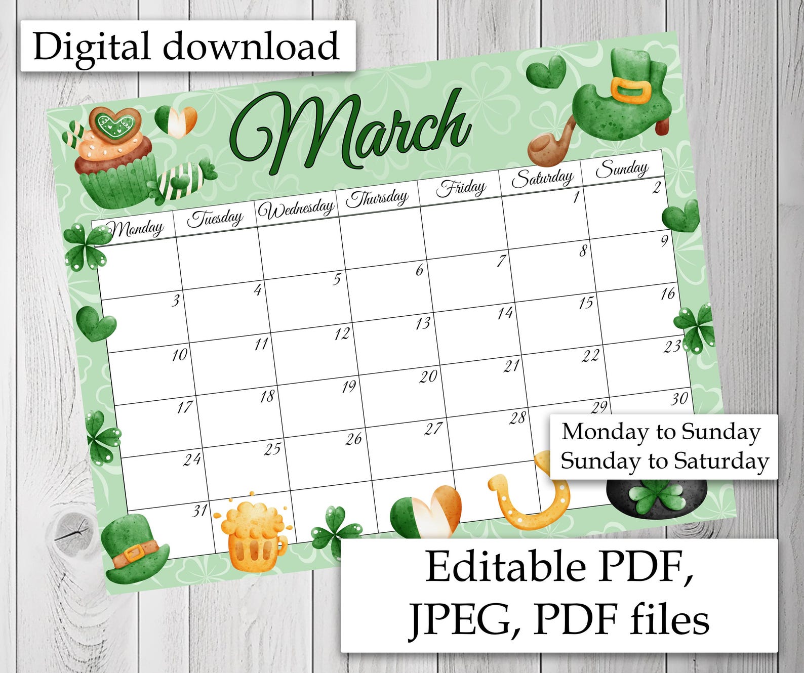 EDITABLE March 2025 Calendar, Clover Calendar, St. Patrick Calendar ...
