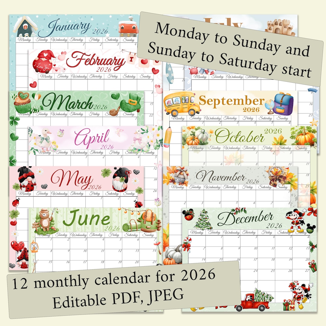 EDITABLE 2026 Calendar, Full Year Calendar, Monthly Planner PDF ...