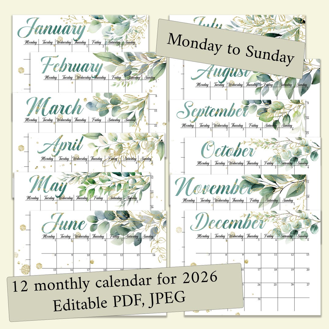 EDITABLE 2026 Calendar, Full Year Calendar, Monthly Planner PDF ...