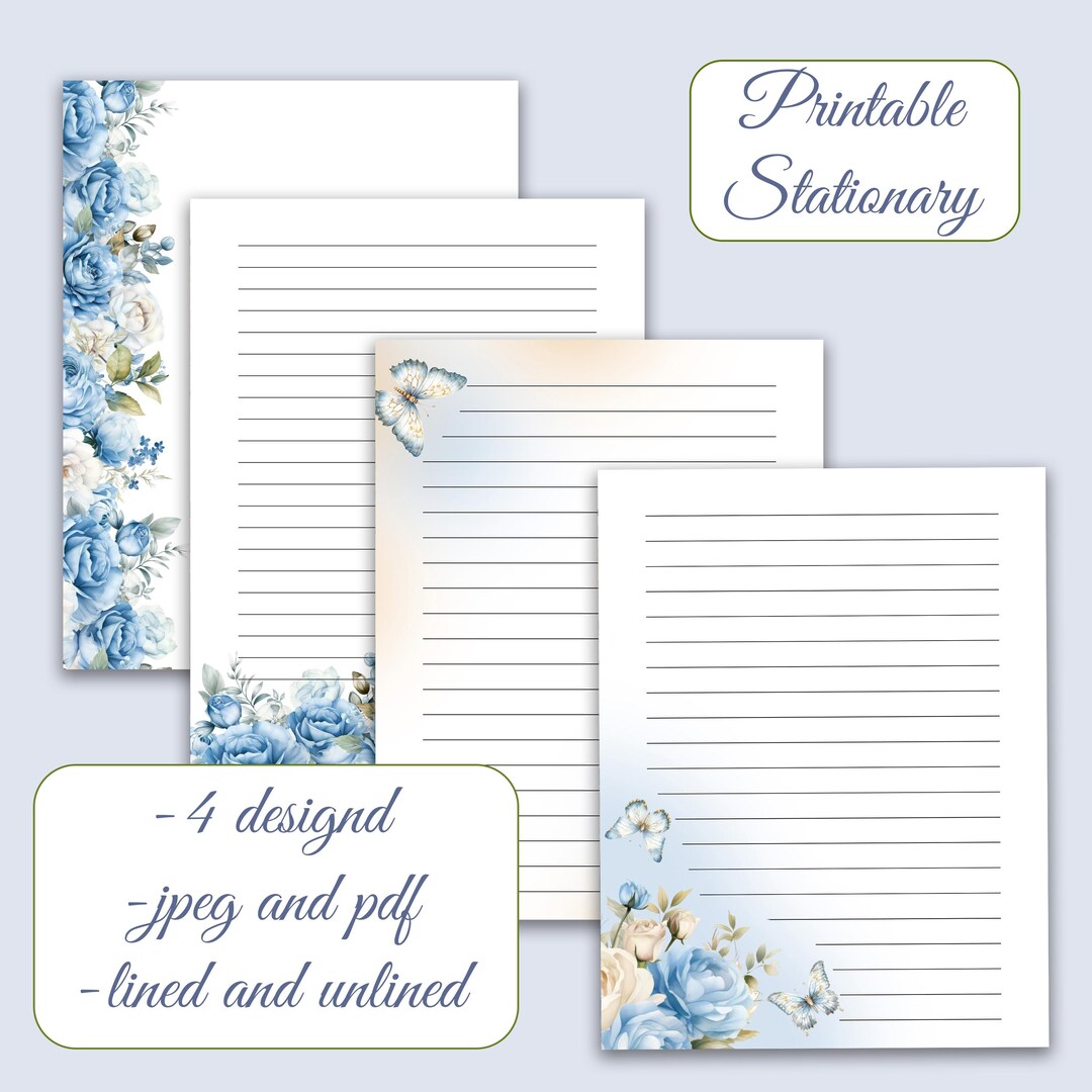 Blue Flowers Printable Stationary, Flower Stationary, Winter Writing ...